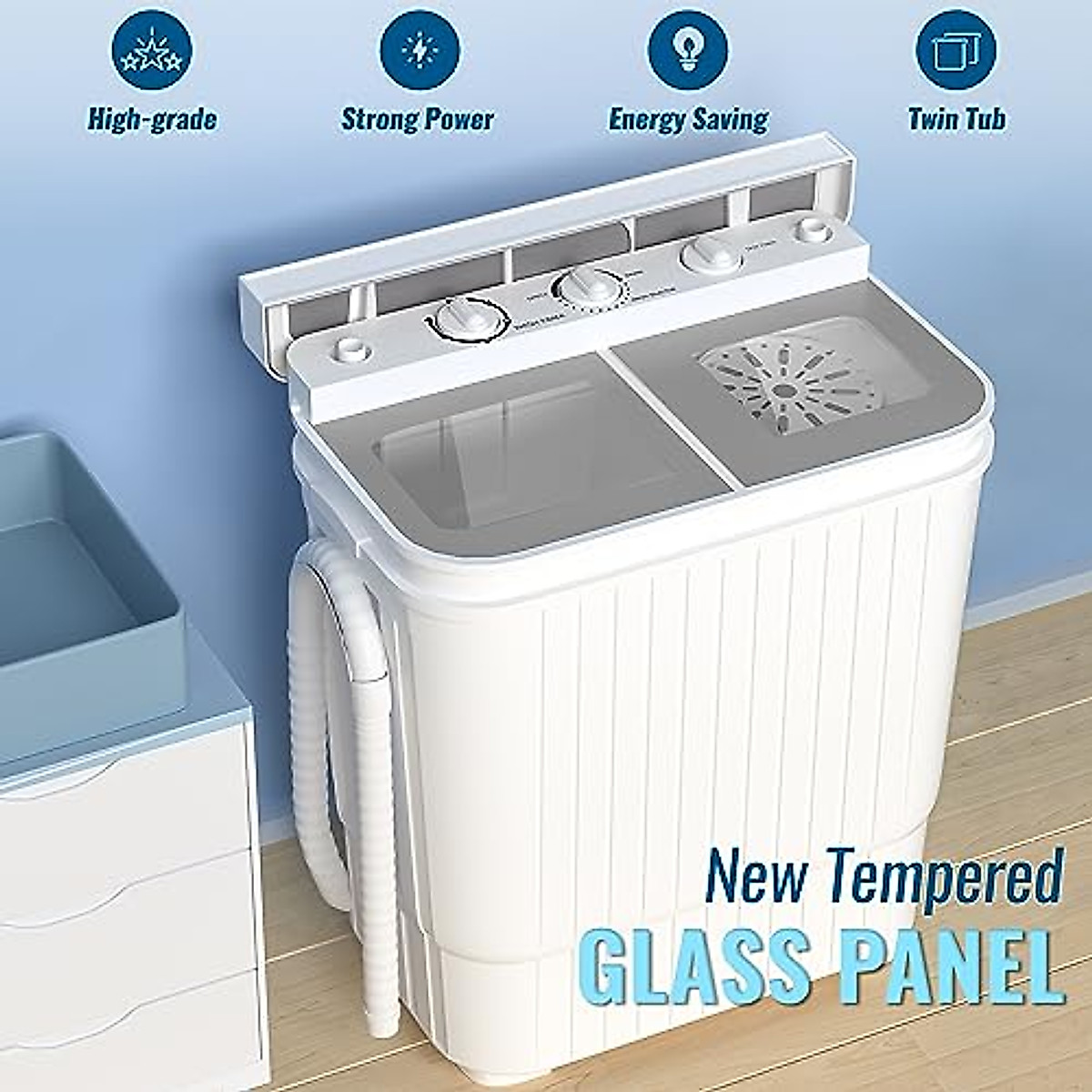 Pataku Portable Washing Machine, 21.6 Lbs Compact Mini Washer and Dryer Combo, Twin Tub Laundry Washer with Spin Cycle, Soaking Function Ideal for Apartment, Dorms, RVs, Camping, Grey