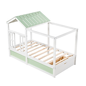 Twin House Bed with Storage Drawer for Kids Wood Cabin Tent Bed Frame for Girls Boys Montessori Beds with Roof and Window Twin Size, Green