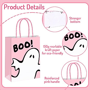 JarThenaAMCS 24Pcs Halloween Paper Gift Bags Ghost Boo Pink with Handles Party Favor Bags Kraft Candy Goodie Treat Bags for Halloween Birthday Party Favors Supplies 8.3 Inch