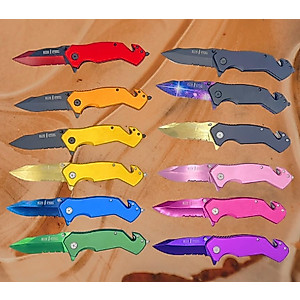 Blue Steel Personalized Laser Engraved Pocket Knife, Rescue Pocket Knife with 3.25-Inch Stainless Steel Blade, Glass Breaker Tip, Belt Cutter, and Pocketclip, Color - (Light Pink)