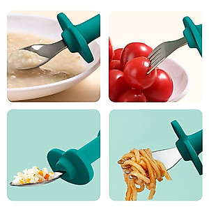 SFCCMM Toddler Utensils Stainless Steel Forks and Spoons Safe Children's Cutlery Set Handle Cartoon Cute for Baby (Green Dinosaur - Short)