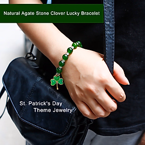 ALoveSoul Natural Agate Stone Lucky Clover Beaded Bracelet Shamrock Chram Bracelet St Patricks Day Party Accessories Decorations
