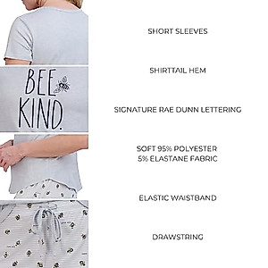 Rae Dunn Women's Sleepwear, BEE KIND Short Sleeve Top and Shorts Womens Pajama Sets, Soft summer loungewear, Light Grey, 1X