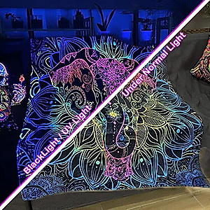 Glow in The Dark Mandala Elephant Throw Blanket, Blacklight Uv Reactive Luminous Blankets Super Soft Plush Flannel Furry Fleece Blanket for Sofa Chair Bed Decor Unique Gifts 60x50 Inches