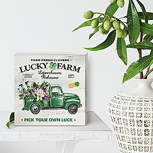 Lucky Farm Shamrock Wood Box Sign Decor Rustic Green Pickup St. Patrick's Day Wooden Box Sign Block Plaque for Wall Tabletop Desk Home Decoration