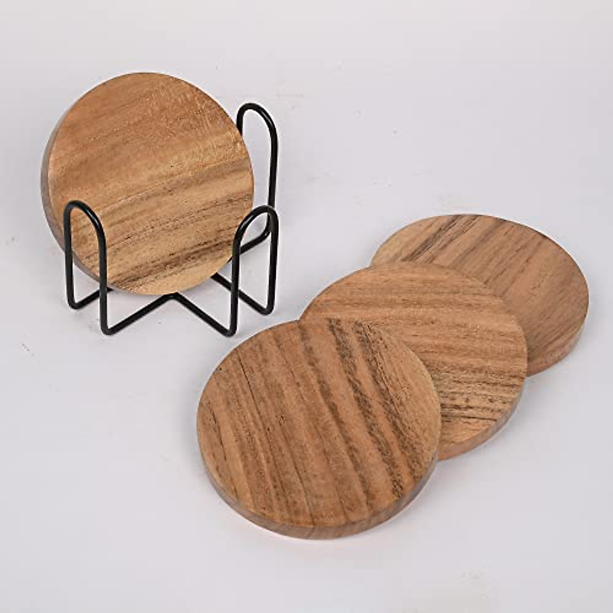 EDHAS Acacia Wood Coasters for Drinks with Iron Holder Stand for Coffee Table, Tabletop Protection Decor, Set of 4