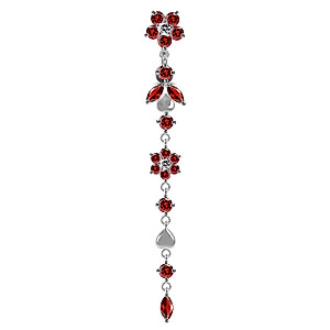 Red CZ Gemstone Long Climber Floral Flower Dangling Reverse Bar 925 Sterling Silver Belly Ring Body Jewelry