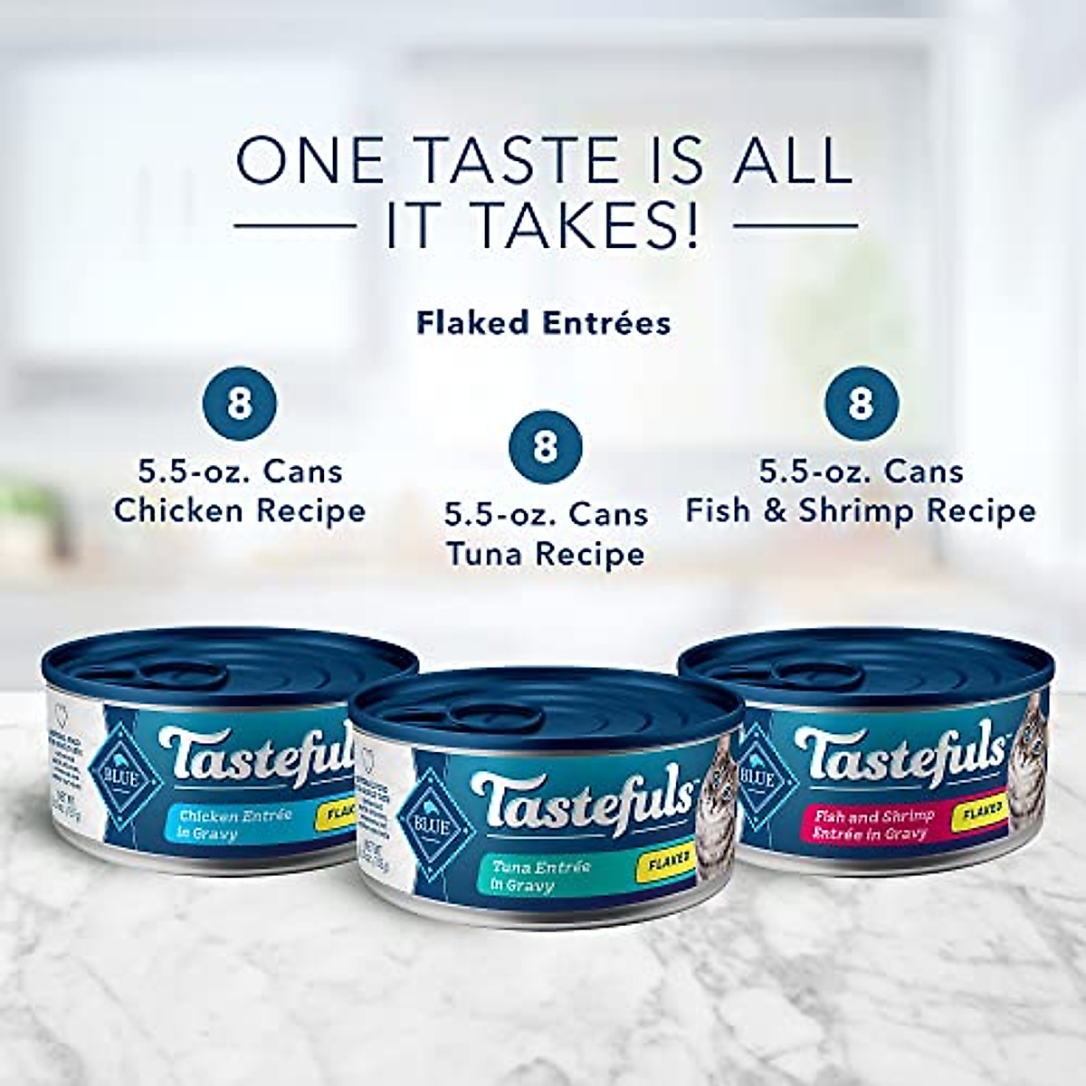 Blue Buffalo Tastefuls Natural Flaked Wet Cat Food Variety Pack, Tuna, Chicken and Fish & Shrimp Entrées in Gravy 5.5-oz Cans (24 Count - 8 of Each)