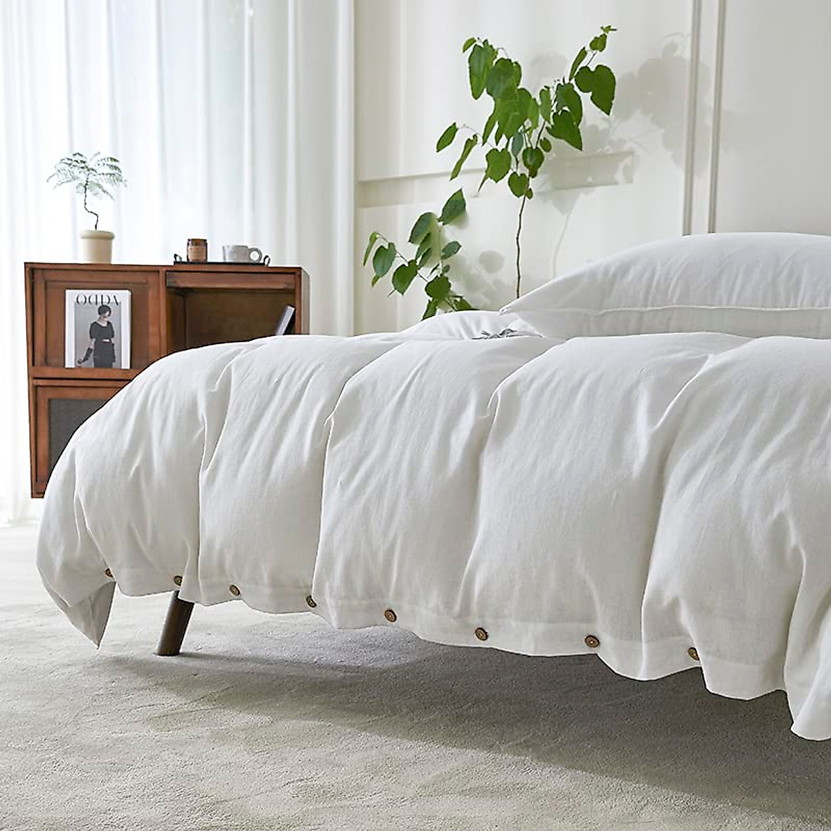 EVERLY 100% Pure Linen Duvet Cover Set Twin Size 68X90Inch 3pcs (1 Duvet Cover,1Pillowcases) Soft and Breathable for All Season with Coconut Button Closure, Suitable for Hot Sleepers-White-Twin