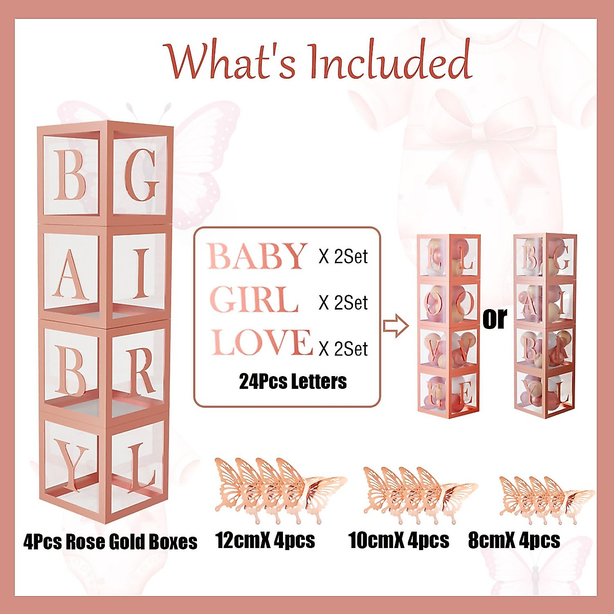 132pcs Rose Gold Baby Shower Decorations with Girl Baby Boxes, Boho Blush Pink Tan Butterfly Balloon Arch Kit Baby Box with Letters for Women Birthday Bridal Wedding Tea Party Valentine’s Day
