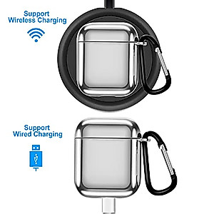 MZELQ for AirPods 1 & 2 Case with Keychain Cute Soft TPU Plating Design Shockproof Full Protective Smooth Surface Cover with Anti-Lost Carabiner Accessories for Women Girls (Silver)