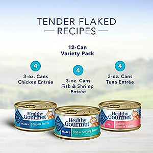Blue Buffalo Healthy Gourmet Natural Adult Flaked Wet Cat Food Variety Pack Tuna, Chicken, Fish & Shrimp 3-Oz Cans (12 Count- 4 of Each Flavor)