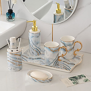 Soap Dispenser Accessories Set -6 Pieces Counter Top Bath Set Includes Soap Dispenser Toothbrush Holder Tumblers Soap Dish and Tray, Ceramic Soap Dispenser
