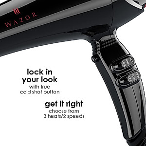 Wazor Ionic Lightweight Hair Dryer 1875W Ceramic Powerful Blow Dryer Pro AC Motor for Quick Drying, 2 Speed / 3 Heat Settings, Concentrator