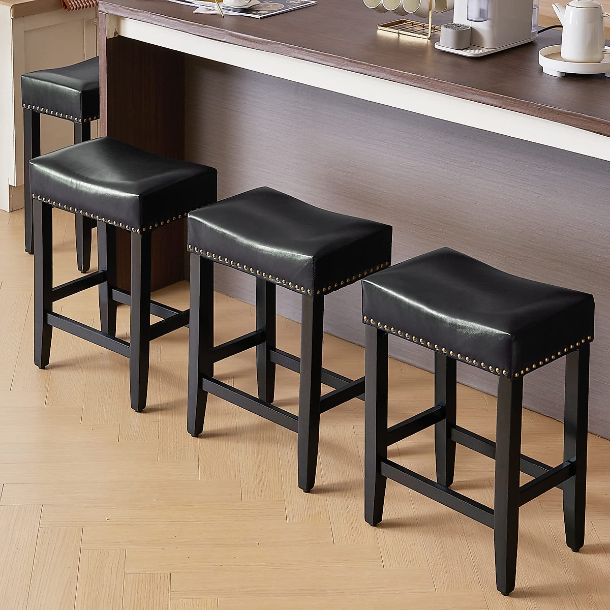 Furnimart 26” Bar Stools Set of 2 Leather Saddle Stool Counter Height Bar stools with Rivet Trim Cushion Seat Wood Counter Stools for Kitchen and Bar (PU-Black)