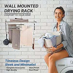 Juselove Wall-Mounted Drying Rack – Drying Rack with Broom Holder and Laundry Bag – Multifunctional Clothing Drying Rack with Swing Arms and Hooks – Space-Saving Laundry Rack for Clothes, Towels