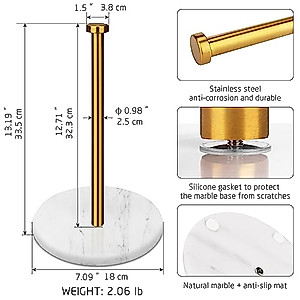 HESHIBI Paper Towel Holder Countertop with 7" Weighted White Marble Base - Modern Free Standing Paper Roll Holder, Brushed Gold Stainless Steel Stand Paper Towel Holder for Kitchen and Bathroom