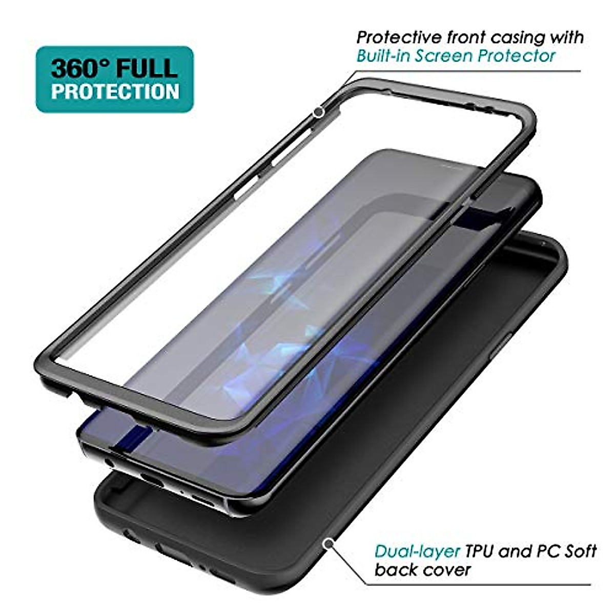 SURITCH Case for Samsung Galaxy S9,【Built in Screen Protector】【Support Wireless Charging】 Rugged Back Cover Hybrid Bumper 360 Protective Case Matte Shockproof for S9 Case 5.8"(Black)