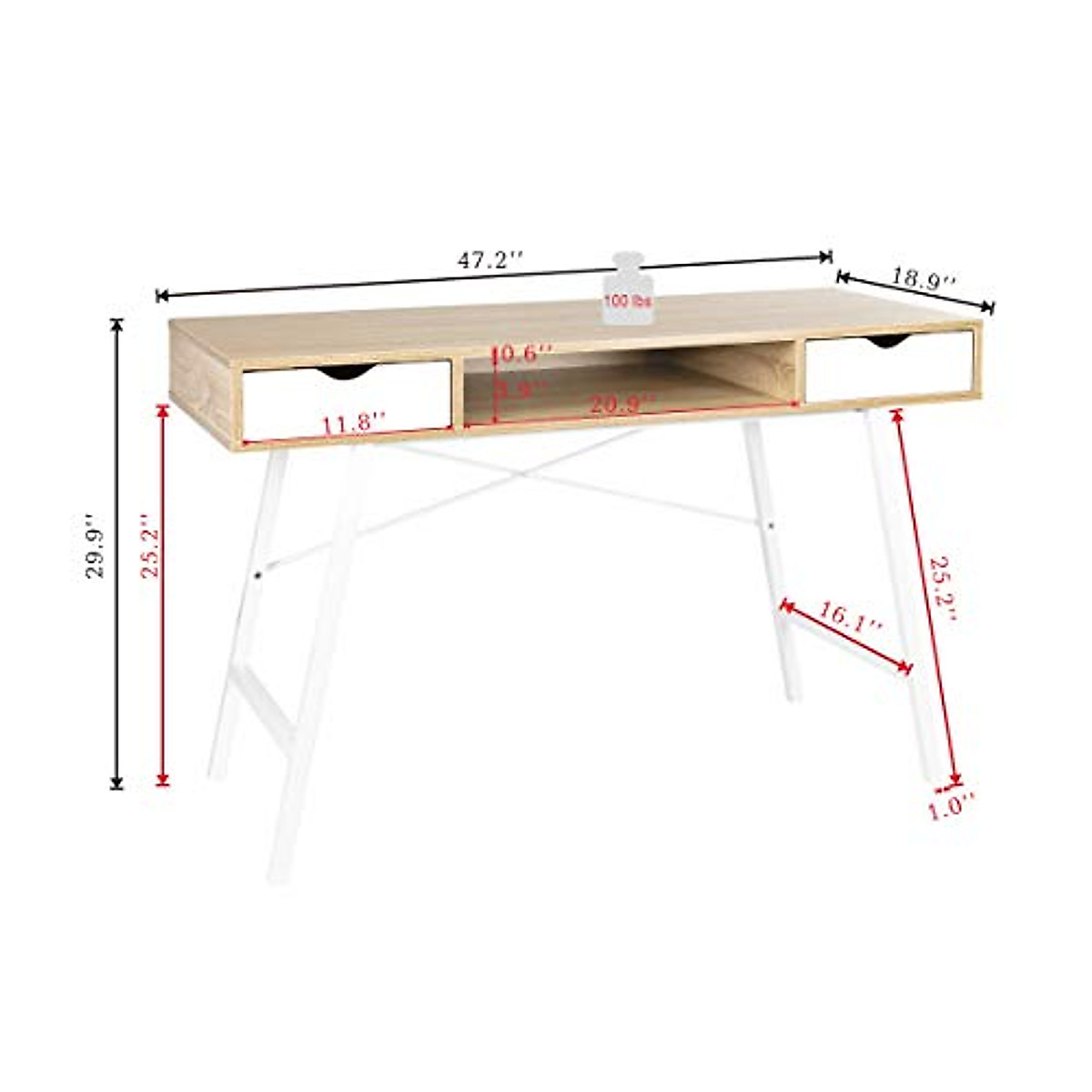 JJS Home Office Writing Desk with Drawers, Modern Computer Study Wooden Desk Table Laptop PC Workstation with Storage, Mid Century White Oak