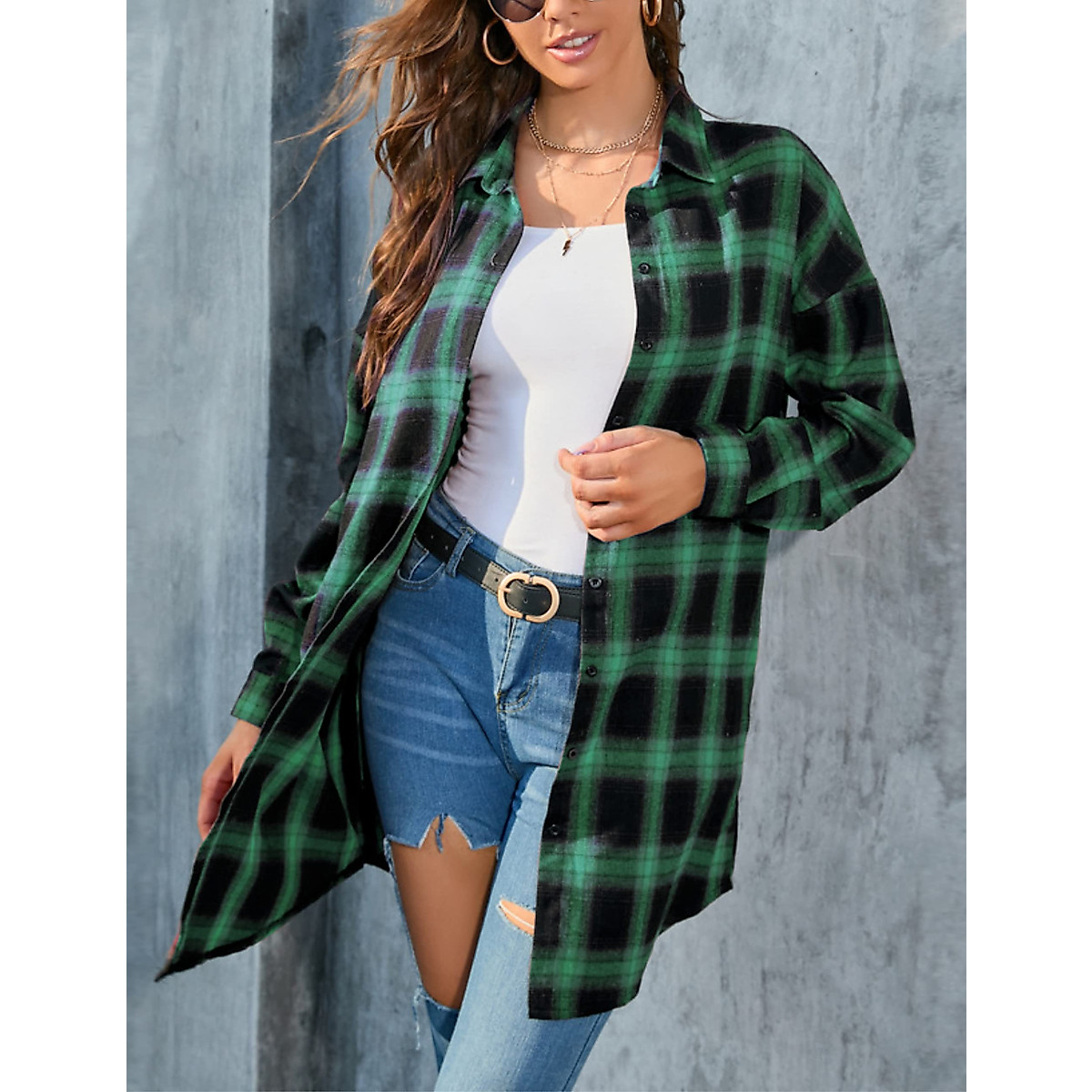 Zontroldy Womens Button Down Flannel Plaid Shirts Mid Long Casual Boyfriend Buffalo Pockets Shirt Jacket Shacket Coat(0909-Green-XL)