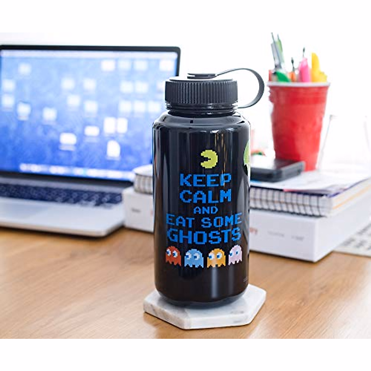 Pac-Man "Keep Calm and Eat Some Ghosts" Water Bottle | BPA-Free Large Plastic Water Jug With Screw Top Lid | Hydration For Outdoor Sports, Gym, Yoga | Holds 32 Ounces