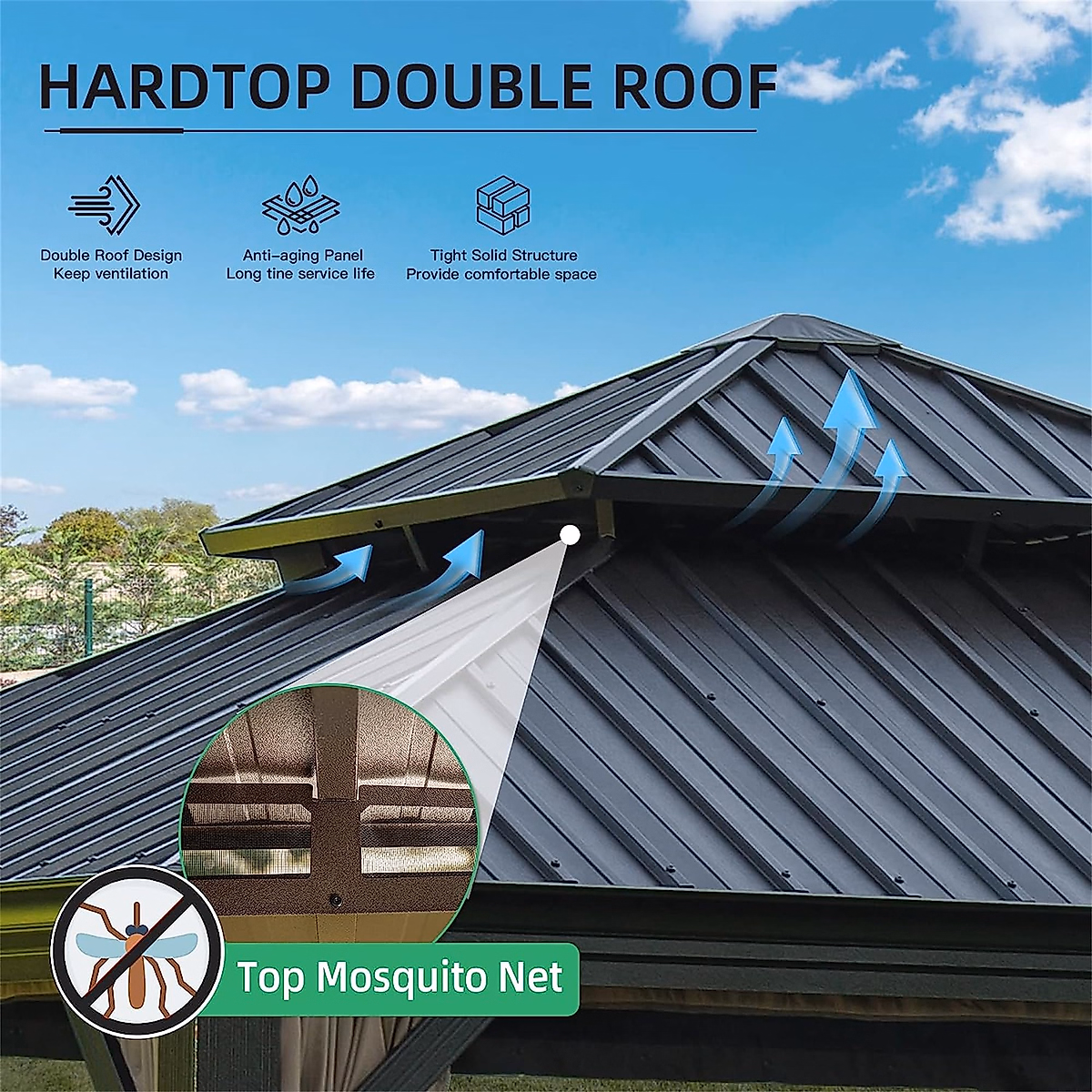 Evedy Gazebo 12x12, Hardtop Gazebo Canopy with Galvanized Steel Double Roof, Aluminum Frame, Permanent Pavilion Outdoor Gazebo with Netting and Curtains for Patio, Garden, Backyard, Deck, Lawn