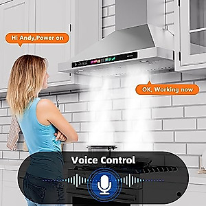 BRANO 30 Inch Wall Mount Range Hood with Voice/Gesture/Touch Control, 900 CFM Kitchen Hood Vent with 4 Speed Exhaust Fan, Ducted/Ductless Convertible Stove Hood with Memory Mode, 4 Adjustable Lights