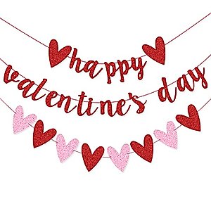Red Glittery Happy Valentines Day Banner and Red Pink Glittery Heart Garland Banner Valentines Day Decorations No DIY Romantic Paper Garland Banner Valentine Day Bunting Photo Props