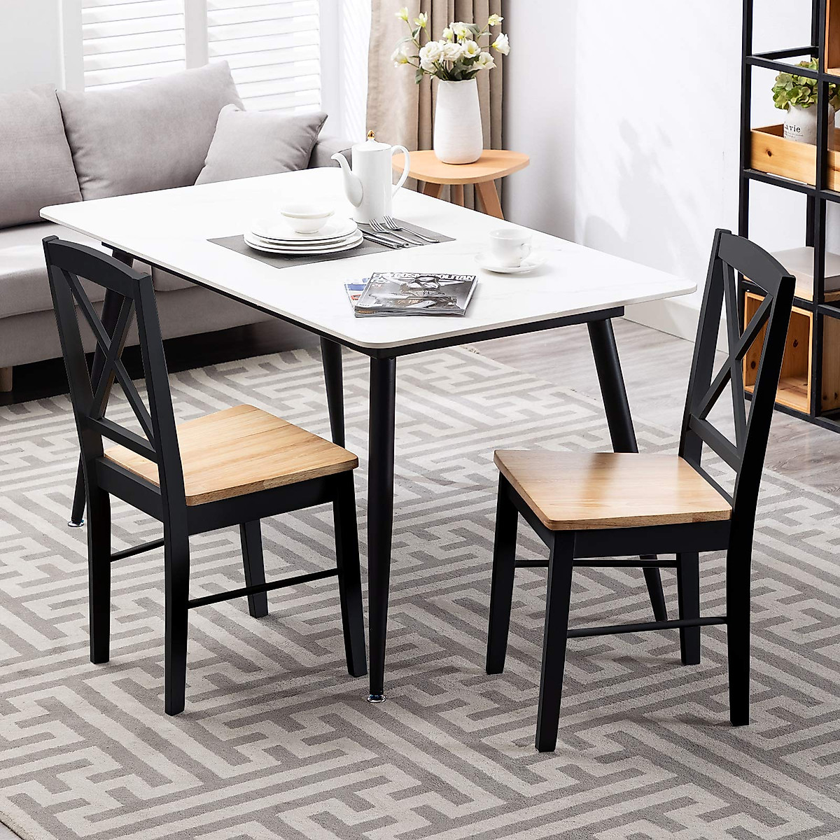 DUHOME Dining Chairs Set of 2 Wood Dining Room Chair with Cross Back, Kitchen Room Chair Side Chairs Nature Seat Black Base