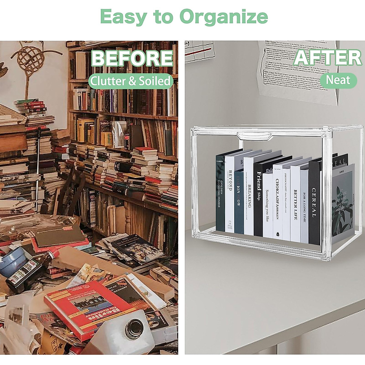 Cutora 2 PACK Clear Book Storage Organizer Stackable Acrylic Book Display Box with Magnetic Door for Bookshelf Easy Assemble Bookcase Containers Display case for Comics Toys Handbags Shoes Purses