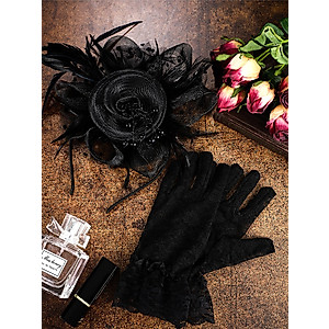 Sintege Fascinators Hat for Girl Tea Party Lace Gloves Black Cocktail Veil Mesh Feathers Hair Clip for Kids Halloween (Cute Style)