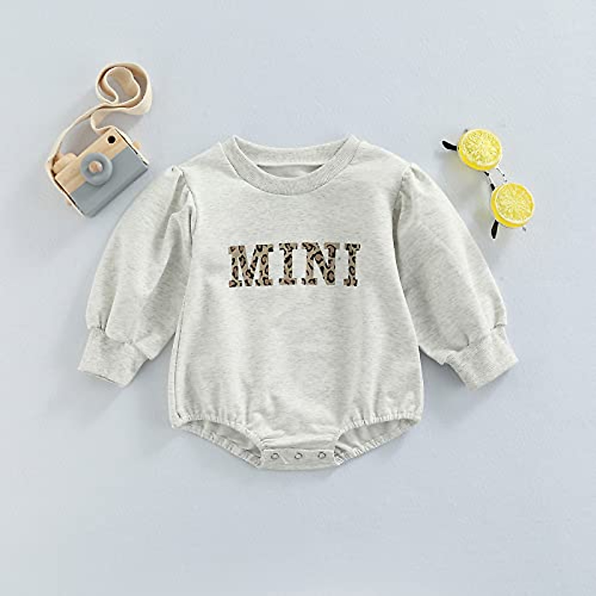 Fall Baby Girl Clothes Newborn Infant Puff Sleeve Sweatshirt Romper Leopard Letter Print Sweater Pullover Top (Gray, 0-6 Months)
