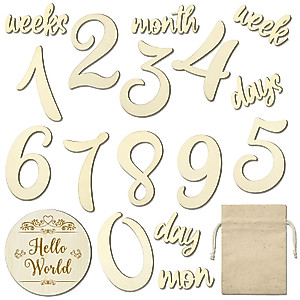 Baby Monthly Milestone Numbers and Words Circles Wooden Signs Baby Photo Props Newborn Birth Announcement Card with a Canvas Drawstring Bag for Pregnancy and Baby