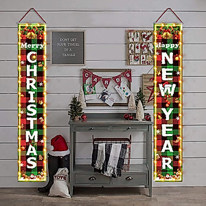 KOKISHIN Christmas Decorations Banner, Merry Christmas Happy New Year Party Decor With string Light for Indoor Outside Front Door Living Room Kitchen Wall Party Sign Decor 72 x 12 Inch