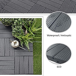 JP Outdoor 9 Pcs PE Interlocking Patio Deck Tiles, 12 x 12in 4-Slats Straight Pattern Grey Floor Covering for Patio Shower Garden Balcony