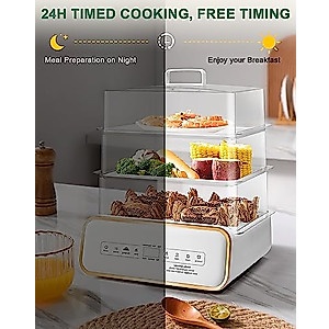 SUSTEAS Food Steamer for Cooking - 17QT Vegetable Steamer with 24H Booking & 60Min Timer, Electric Steamer with Digital Display and 3 Tier Stackable Trays, Auto Shut-Off & Boil Dry Protection