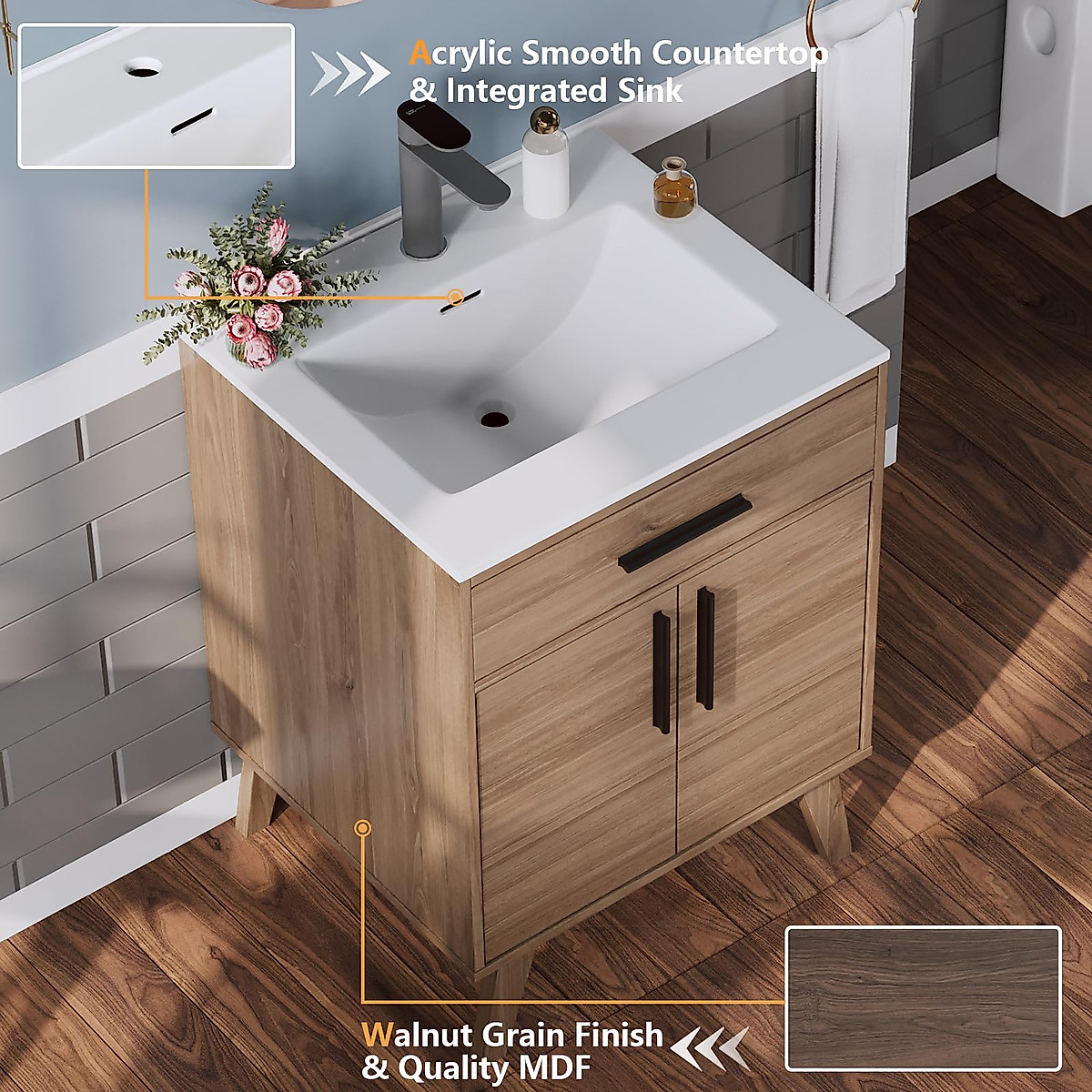 AMERLIFE 24.5" Bathroom Vanity with Sink Combo, Mid-Century Modern Small Single Bathroom Cabinet Set, Integrated Sink, Soft Closing Doors with Metal Handles, Bath Vanity Brown