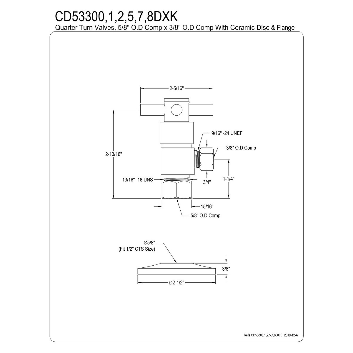Kingston Brass CD53300DXK 5/8" O.D x 3/8" O.D Anti-Seize Deluxe Quarter Turn Ceramic Hardisc Cartridge Angle Stop with Flange, Matte Black
