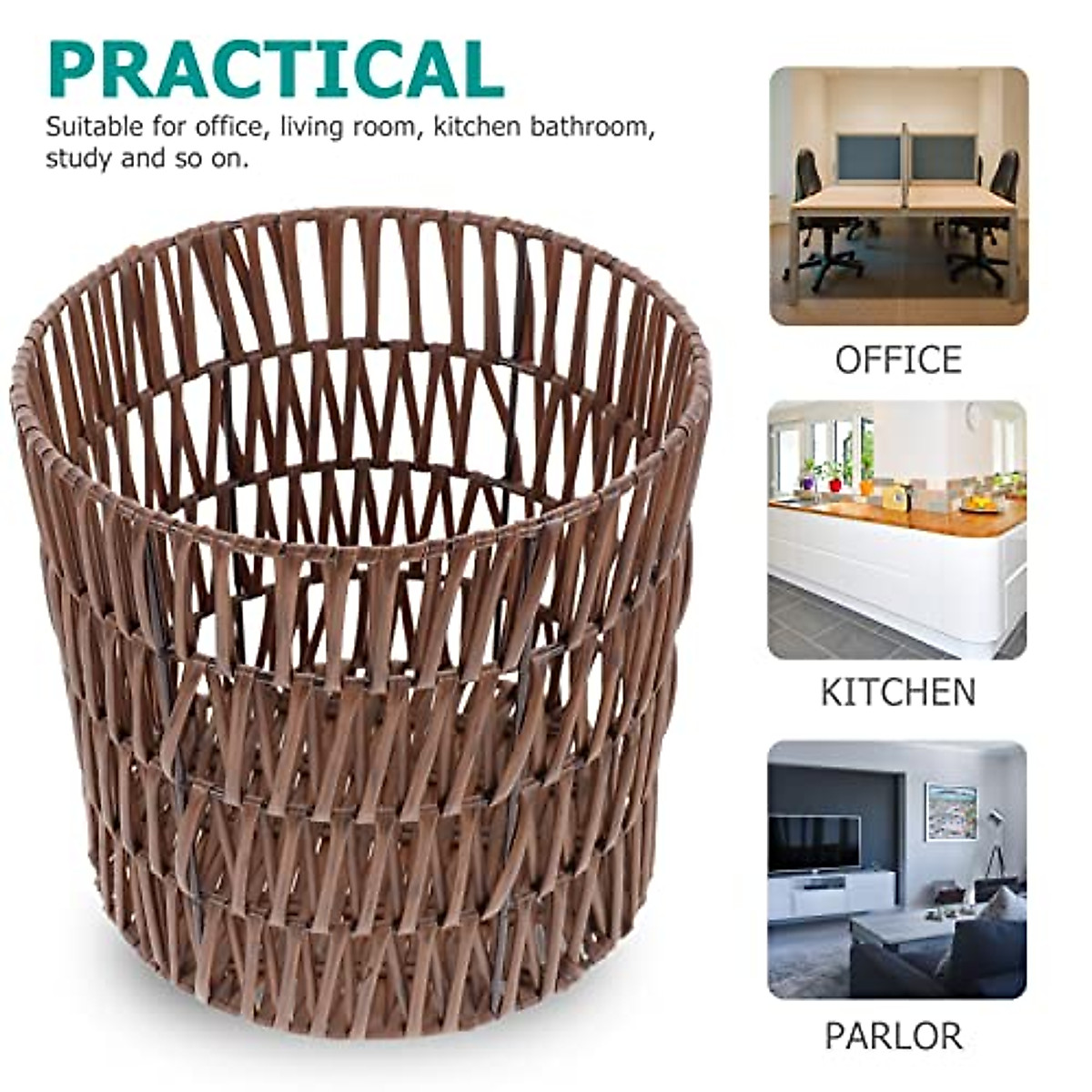 Gatuida Small Woven Basket Trash Can Wastebasket Round Wicker Waste Paper Bin Storage Basket for Bedroom, Bathroom, Office(Brown)