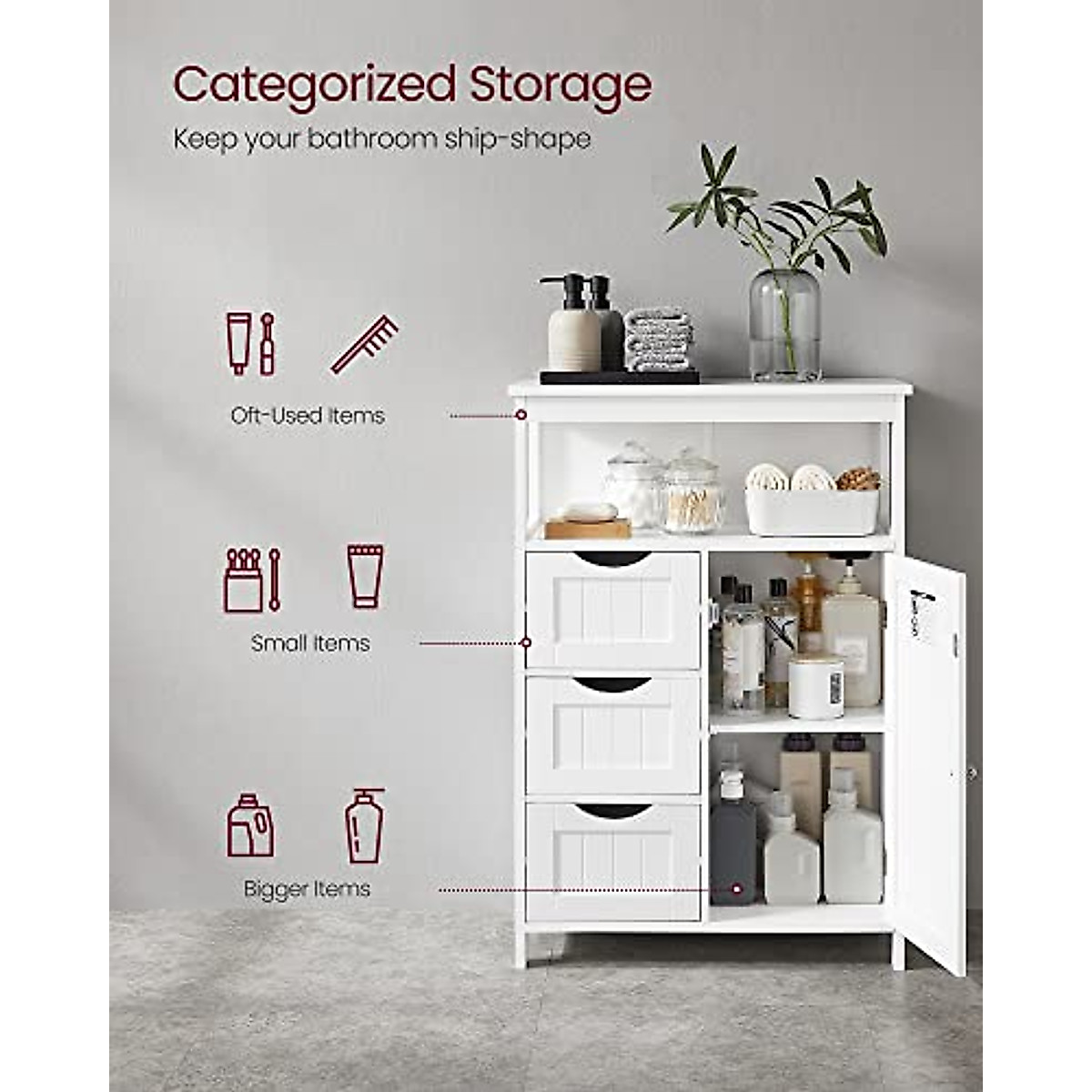 VASAGLE Bathroom Floor Storage Cabinet, Bathroom Storage Unit with 3 Drawers, Bathroom Cabinet Freestanding, Adjustable Shelf, 11.8 x 23.6 x 35.4 Inches, White UBBC542P31