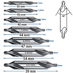 KEWAYO 7Pieces Center Drill Bits Set, M2 High Speed Steel 60 Degree Angle Center Drill Bits Kit Countersink Tools for Lathe Metalworking Size 1.0 1.5 2.0 2.5 3.0 4.0 5.0