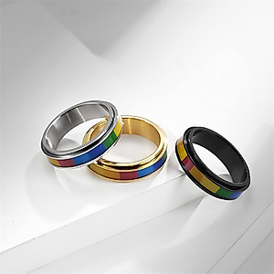 HIJONES Men's Women's Stainless Steel 6mm Tiny Stacking Rainbow Spinner Fidget Ring Couple Wedding Jewelry Silver Size 12