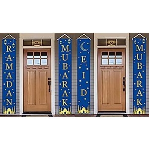 2 in 1 Ramadan Eid Mubarak Door Banner for Home,Mosque,Iftar,Eid Al Adha,Eid Al Fitr, Ramadan and Eid Decoration, Includes 1 Crescent and Star Banner (Blue)