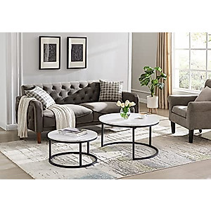 Modern Nesting Coffee Table Set of 2 for Living Room, Office, Balcony, Mid Century Round Wood Accent Coffee MDF Faux Marble Tabletop w/Black Color Frame, Gift for Thanksgiving Christmas -White