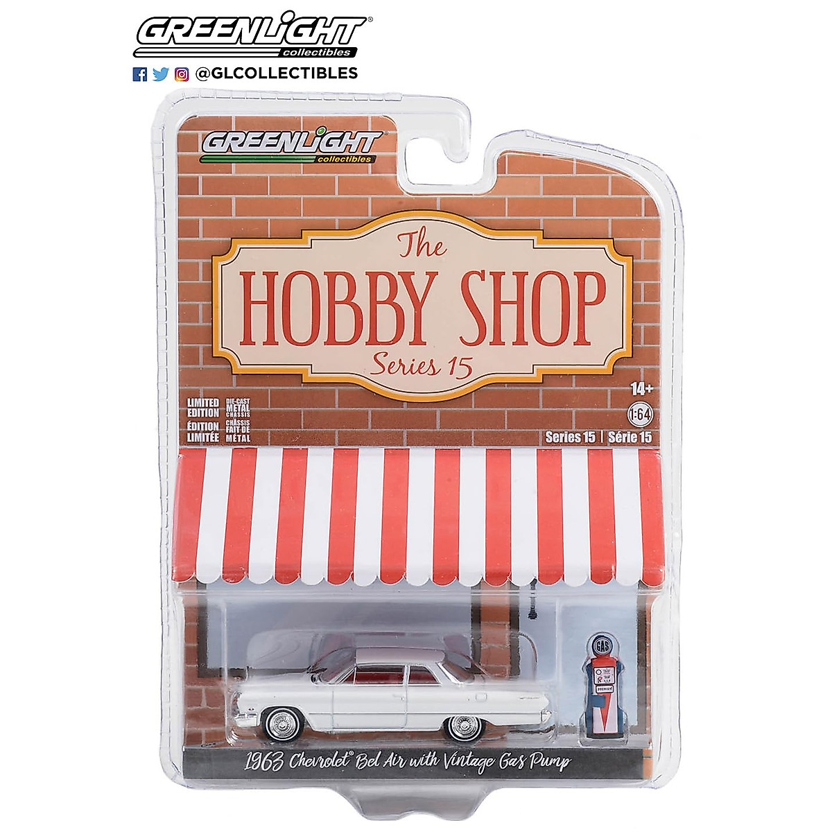 Greenlight 97150-A The Hobby Shop Series 15-1963 Chevy Bel Air with Vintage Gas Pump 1/64 Scale