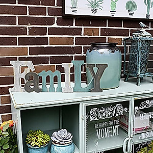 E-view Wooden Letters Sign Decorative Wood Block Signs Freestanding Word Cutout Distressed Teal Sign for Shelf Table Mantle Hanging Ornament Rustic Home Decor (Family)