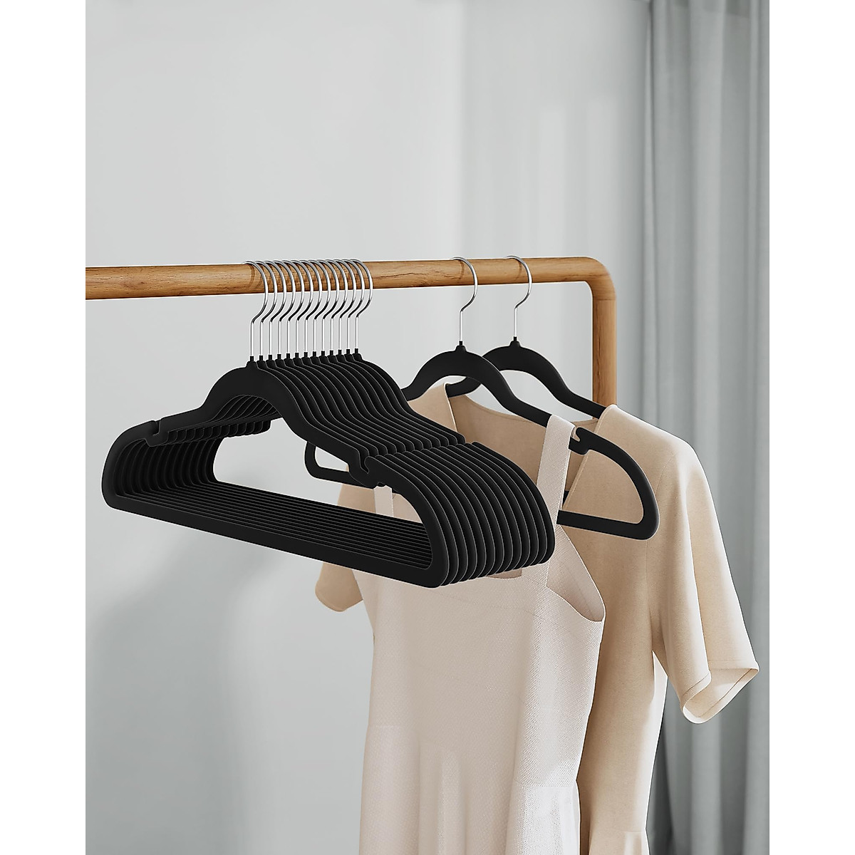SONGMICS Velvet Hangers 60 Pack, Non-Slip Clothes Hangers, Suit Hangers with Shoulder Notches, Pants Bar, 360° Swivel Hook, Space-Saving, for Closet, Ink Black UCRF030B01