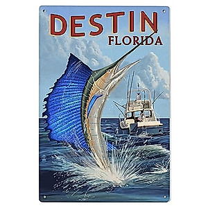Lantern Press 6x9 Inch Wood Sign, Ready to Hang Wall Decor, Destin, Florida, Sailfish