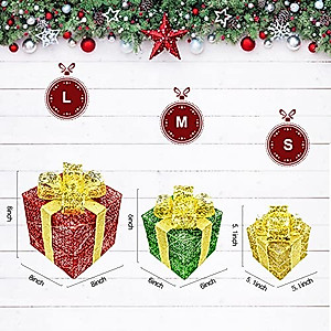 Lighted Gift Boxes Christmas Decorations Boxes 3pcs Pre-Lit Present Boxes Ornament Outdoor Christmas Tinsel Boxes Decoration with Bows for Outside Xmas Home Yard Decor