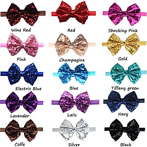 CÉLLOT 15pcs Baby Girl Headbands Sparkly Glitter Sequins 4" Big Hair Bows Ribbon Soft Stretchy Hair Bands for Infant Newborn and Toddlers